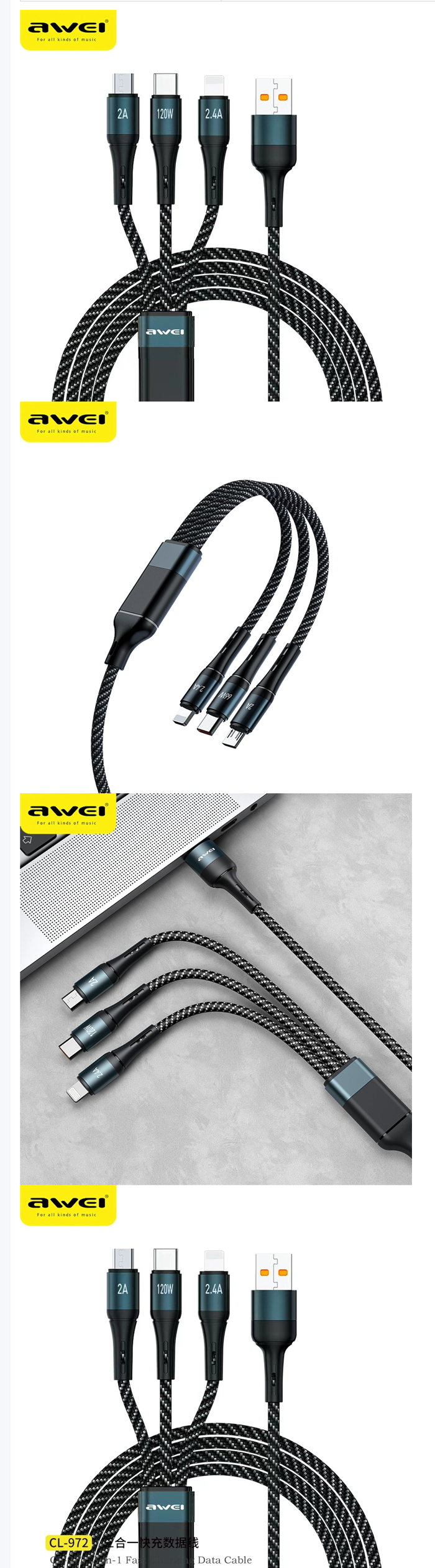 AWEI CL-972 120W 3 In 1 Fast Multi Charging Cable price in bangladesh